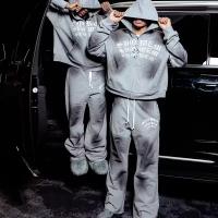 China Custom Diamond Hoodie Set Rhinestone Acid Washed Vintage Embroidered Hoodies Sweat Pant Heavyweight Hoodie and Sweatpants Set for sale