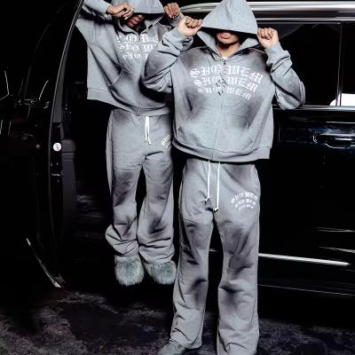 China Custom Diamond Hoodie Set Rhinestone Acid Washed Vintage Embroidered Hoodies Sweat Pant Heavyweight Hoodie and Sweatpants Set for sale