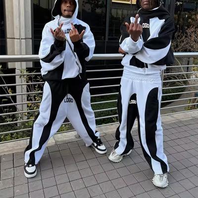 China Custom Two Piece Strip Zipper Cotton Fleece Hoodie Track Pants Set Custom Patchwork Lightweight Hoodie Set Tracksuit for sale