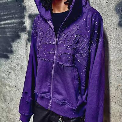 China Hoodies Manufacturers Custom Acid Washed Zip up Hoodie Rhinestone Boxy Oversized Hoodie Streetwear Men for sale