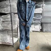 China Custom Men Boxy Fit Bulk Denim Tracksuit for Men Fashion Jean Work Jacket Set Oem Casual Streetwear Cotton Distressed Tracksuit for sale