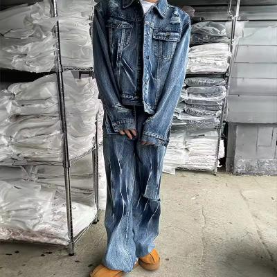 China Custom Men Boxy Fit Bulk Denim Tracksuit for Men Fashion Jean Work Jacket Set Oem Casual Streetwear Cotton Distressed Tracksuit for sale