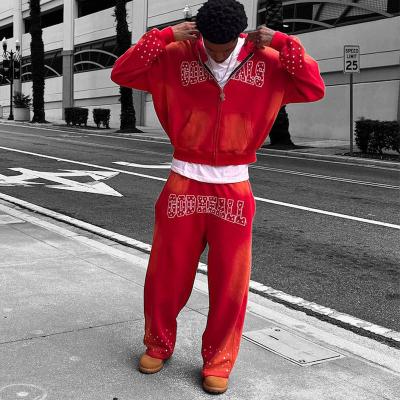 China Acid Wash Vintage Tracksuit Custom Rhinestone Embroidery Boxy Fit Cropped Zip up Hoodies Flared Baggy Sweatpants and Hoodie Set for sale