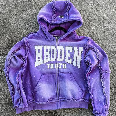 China Custom 3d Embossing Zip Acid Wash Hoodies Applique Embroidery Rhinestone Hoodies for Men Streetwear Premium Heavy Thick Hoodies for sale