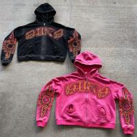 China Custom Hiphop Streetwear Vintage Acid Wash Hoodies French Terry Zip up Hoodies Screen Printing Rhinestone Men's Cropped Hoodie for sale
