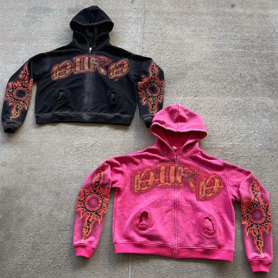 China Custom Hiphop Streetwear Vintage Acid Wash Hoodies French Terry Zip up Hoodies Screen Printing Rhinestone Men's Cropped Hoodie for sale