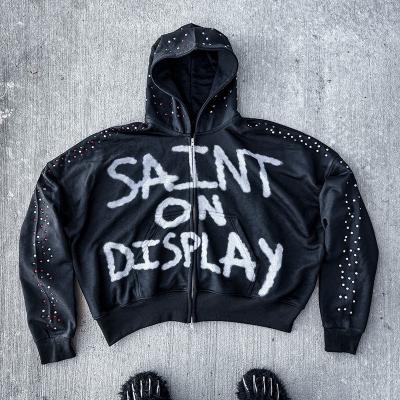 China Custom Printed Hoodie Manufacturers Mens Zip up Rhinestone Hoodie French Terry Bulk 450 Gsm Oversized Hoodie for sale