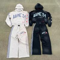 China Custom Screen Print logo Sweatsuit Acid Wash Hoodies and Jogger Sport Striped Pants Set Overside Sweatsuits Unisex Sets for sale