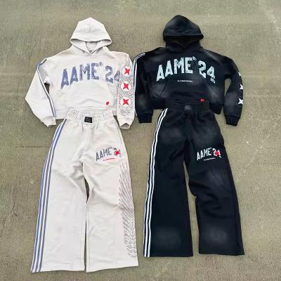 China Custom Screen Print logo Sweatsuit Acid Wash Hoodies and Jogger Sport Striped Pants Set Overside Sweatsuits Unisex Sets for sale