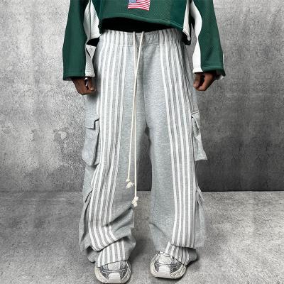 China Custom Wide Leg Stacked Sweatpants Baggy Straight Vintage Men's Pants Multiple Pockets Solid Striped Sweatpants for sale