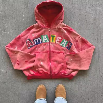 China Custom Y2K Style Acid Wash Sun Faded Hoodie Zip up Streetwear Premium Hoodie Rhinestone logo Unisex Cropped Oversized Hoodie for sale