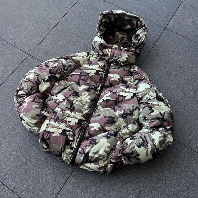 China Custom DTG Print Streetwear Crop Vintage Heavyweight Winter Hooded Windproof Camouflage Down Puffer Jacket Coat for sale