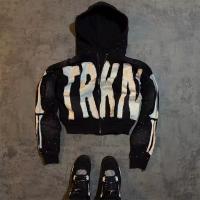 China Custom logo Applique Embroidery Cropped Hoodies Black Rhinestone Printing Hoodies for Men Zip up French Terry Ribbed Hem Hoodies for sale