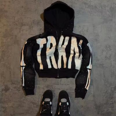 China Custom logo Applique Embroidery Cropped Hoodies Black Rhinestone Printing Hoodies for Men Zip up French Terry Ribbed Hem Hoodies for sale