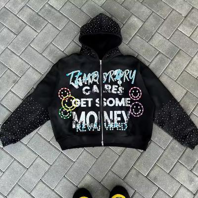 China Custom 100% Cotton Acid Wash Hoodie with All Rhinestone Embroidery 3D Zipper Screen Printing French Terry-Cropped Raw Hem Hoodie for sale