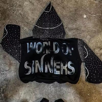 China Custom All Over Rhinestone Printing Hoodies men's Streetwear Acid Wash Letter Graphic Hoodies Cropped Pullover Black Hoodies for sale