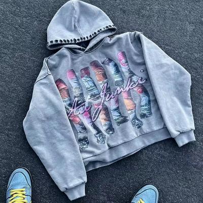 China Custom Distressed Designer Heavyweight Hoodies Screen Print Graphic Pullover Hoodies for Men Ribbed Hem Oversized Crop Hoodies for sale