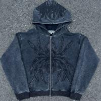 China Custom Embossing Graphic Zipper up Hoodies for Men Heavyweight Cotton Fleece Hoodies 450gsm Vintage Acid Wash Streetwear Hoodies for sale