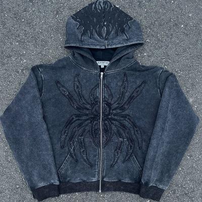 China Custom Embossing Graphic Zipper up Hoodies for Men Heavyweight Cotton Fleece Hoodies 450gsm Vintage Acid Wash Streetwear Hoodies for sale