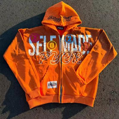 China Custom Embroidery Ripped Screen Print logo Zip up Hoodies Unisex Rhinestone Heavyweight Hoodies Organic Cotton Boxy Fit Hoodies for sale