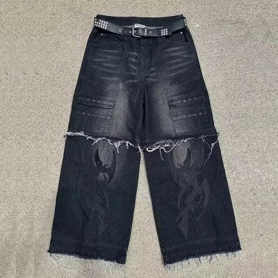 China Custom Jeans Manufacturer Custom Baggy Jeans Mid Waist 100% Cotton Denim Embossing logo Jeans for Men for sale