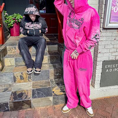 China Custom Acid Washed Unisex Streetwear Tracksuit with Embroidery Graphic and Rhinestone Details for sale