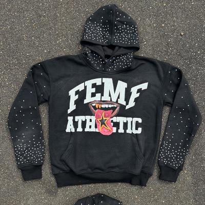 China Custom Screen Printing logo Acid Washed Hoodie Men's Rhinestone Designer Streetwear Hoodie Oversized Sun Faded Casual Hooodie for sale