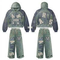 China Custom Vintage Streetwear Distressed Acid Washed Tracksuit Men's Applique Embroidery Rhinestone Tracksuit Embroidery Patch Suit for sale