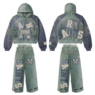 China Custom Vintage Streetwear Distressed Acid Washed Tracksuit Men's Applique Embroidery Rhinestone Tracksuit Embroidery Patch Suit for sale