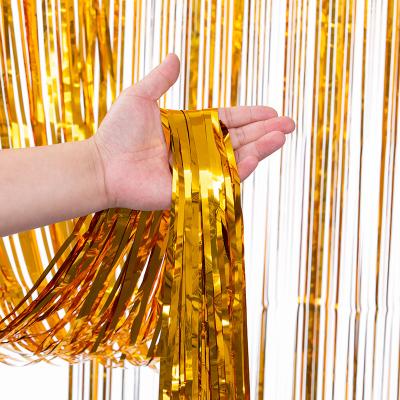 China Metallic Gold Fringe Backdrop Curtain 1*1m Gold Foil Curtain for sale