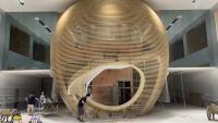 China Office Lobby 3D Radius Curved Metal Ceiling Baffle Soundproofing Woodgrain Wall Acoustic Panels for sale