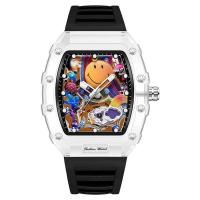 China Men White Tonneau Barrel Quartz Watch Colorful Graffiti Smiley Face Hollow Dial Hip Hop Street Fashion Waterproof Silicone Strap Wristwatch for sale