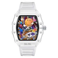 China Men White Tonneau Barrel Quartz Watch Colorful Graffiti Smiley Face Hollow Dial Hip Hop Street Fashion Waterproof Silicone Strap Wristwatch for sale