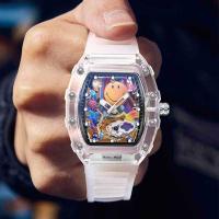 China Men White Tonneau Barrel Quartz Watch Colorful Graffiti Smiley Face Hollow Dial Hip Hop Street Fashion Waterproof Silicone Strap Wristwatch for sale