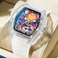 China Men White Tonneau Barrel Quartz Watch Colorful Graffiti Smiley Face Hollow Dial Hip Hop Street Fashion Waterproof Silicone Strap Wristwatch for sale