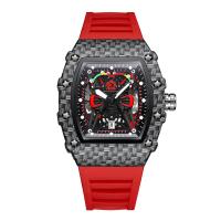China Carbon Fiber Tonneau Skeleton Men Racing Watch Hollow Dial Date Window Luminous Waterproof Red Silicone Strap Sport Quartz Wristwatch for sale