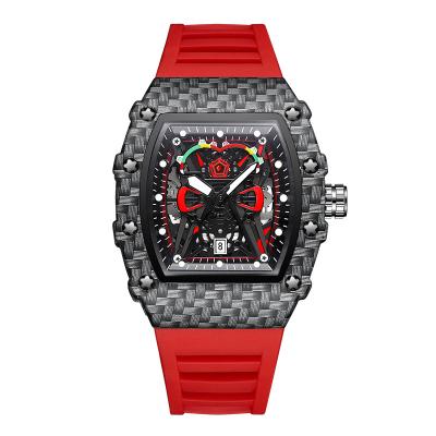 China Carbon Fiber Tonneau Skeleton Men Racing Watch Hollow Dial Date Window Luminous Waterproof Red Silicone Strap Sport Quartz Wristwatch for sale