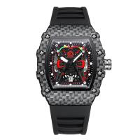 China Carbon Fiber Tonneau Skeleton Men Racing Watch Hollow Dial Date Window Luminous Waterproof Red Silicone Strap Sport Quartz Wristwatch for sale