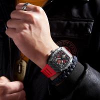 China Carbon Fiber Tonneau Skeleton Men Racing Watch Hollow Dial Date Window Luminous Waterproof Red Silicone Strap Sport Quartz Wristwatch for sale