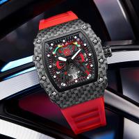 China Carbon Fiber Tonneau Skeleton Men Racing Watch Hollow Dial Date Window Luminous Waterproof Red Silicone Strap Sport Quartz Wristwatch for sale