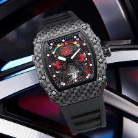 China Carbon Fiber Tonneau Skeleton Men Racing Watch Hollow Dial Date Window Luminous Waterproof Red Silicone Strap Sport Quartz Wristwatch for sale