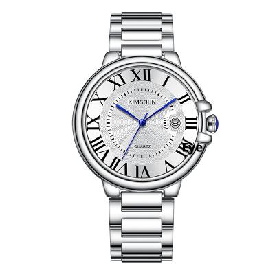 China Men Roman Numeral Dial Business Quartz Watch Stainless Steel Bracelet Luminous Waterproof Calendar Dress Wristwatch Silver Gold Multi Color Options for sale