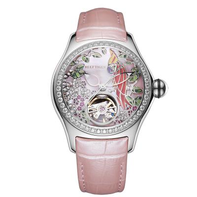 China Luxury Enamel Dial Women Watch Crystal Bezel Peacock Pattern Leather Band Ladies Quartz Watch for sale