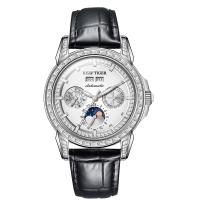 China Reef‑Tiger Men Automatic Watch,Rose Gold Diamond Bezel Moon‑Phase Calendar Leather Strap Business Wristwatch for sale