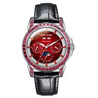 China Reef‑Tiger Men Automatic Watch,Rose Gold Diamond Bezel Moon‑Phase Calendar Leather Strap Business Wristwatch for sale
