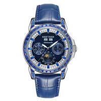 China Reef‑Tiger Men Automatic Watch,Rose Gold Diamond Bezel Moon‑Phase Calendar Leather Strap Business Wristwatch for sale