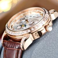China Reef‑Tiger Men Automatic Watch,Rose Gold Diamond Bezel Moon‑Phase Calendar Leather Strap Business Wristwatch for sale