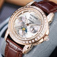 China Reef‑Tiger Men Automatic Watch,Rose Gold Diamond Bezel Moon‑Phase Calendar Leather Strap Business Wristwatch for sale