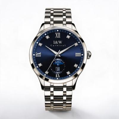 China I&W Men Moon Phase Watch Multi Function Date Week Display Stainless Steel Band Classic Business Quartz Wrist Watch For Gentlemen Gift for sale