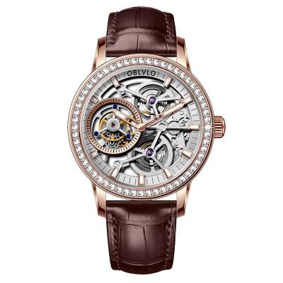 China OBLVLO Men’s Hollow‑Dial Skeleton Automatic Watch, Rose‑Gold Case with Crystal Bezel & Genuine Leather Strap for sale